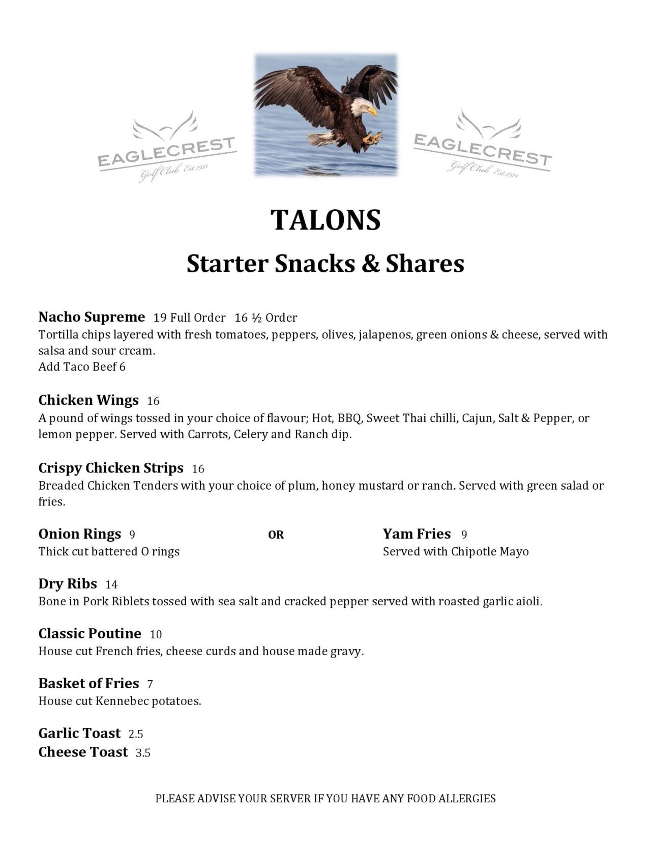 Restaurant Menu | Eaglecrest Golf Club