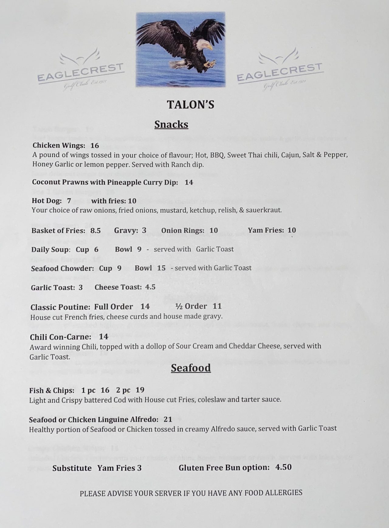 Restaurant Menu | Eaglecrest Golf Club